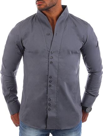 Carisma Herren Uni Langarm Stehkragen Hemd Slimfit tailliert figurbetont Party Club Look Optik Freizeit Casual einfarbig Basic H-902, Gr&ouml;sse:XL, Farbe:Dunkelg