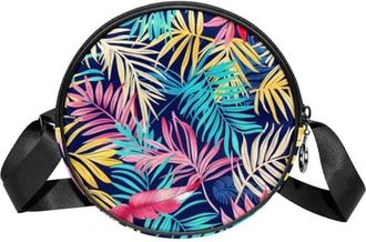 Generic Sac &agrave; bandouli&egrave;re rond pour femme, motif feuilles de palmier avec fermeture &eacute;clair, bretelles r&eacute;glables, sac &agrave; main rond d&eacute;contract&eacute; pour femmes et fi