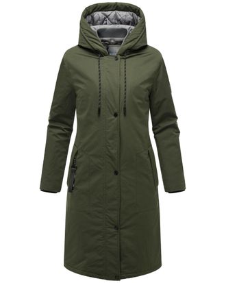 Marikoo Damen lange &Uuml;bergangsjacke Mantel mit abnehmbarem Rippstrickkragen und gro&szlig;er Kapuze Ledalaa 16 Dark Olive Gr. L