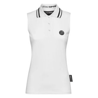 Plein Sport Femme, Tops, Blanc, Taille: 38 FR Polo sans manches &agrave; imprim&eacute; griffe