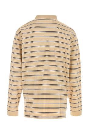 Prada Mens Striped Embroidered Piquet Polo Shirt Beige Cotton