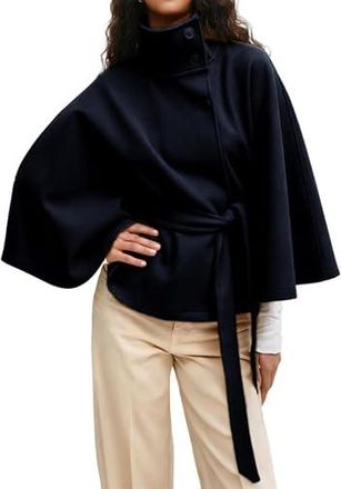 Generic Ponchos &agrave; manches chauve-souris en laine avec col montant et ceinture surdimensionn&eacute;e pour lautomne &eacute;l&eacute;gant et d&eacute;contract&eacute;, bleu marine, XL
