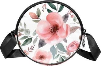 Generic Petit sac &agrave; bandouli&egrave;re circulaire pour femme, motif feuilles florales, sac &agrave; dos avec fermeture &eacute;clair, bretelles r&eacute;glables, sac &agrave; main rond d&eacute;contra