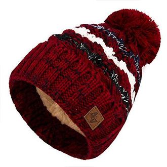 4sold Hommes Lady Bonnets Bonnet Fourré Hiver pour Femme Bonnet Tricoté et Gros Pompon Coloris Taille Unique Gold Circle Doublure Polaire Confortable (Maroo