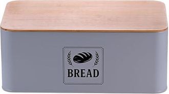 Relaxdays Brotkasten, Bambusdeckel, Metall, HxBxT: 13,5 x 33 x 19 cm, Retro Brotaufbewahrungsbox, Brotbehälter, grau