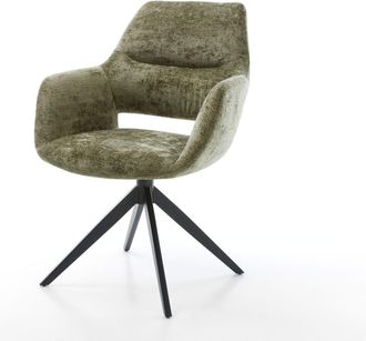 DELIFE Drehstuhl Yago-Flex mit Armlehnen Chenille Olive Kreuzgestell breit Schwarz 360° drehbar Wippfunktion Taschenfederkern, Esszimmerstühle