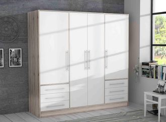 M&ouml;belando Dreht&uuml;renschrank >Jupiter< 4 T&uuml;ren, 6 Sch&uuml;be, Sandeiche Dekor/Weiss - 206,5x200x60cm (BxHxT)