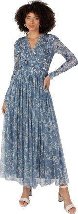 Anaya with Love Damen Womens Midaxi Dress Ladies V-Neck Wrap Long Sleeves Floral Sequin Embellished for Wedding Guest Party Occasion Evening Kleid, Blau, 44 EU