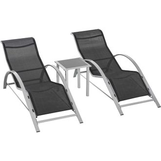 OUTSUNNY Lot de 2 bains de soleil design contemporain table basse plateau verre tremp&eacute; m&eacute;tal &eacute;poxy textil&egrave;ne gris fonc&eacute;