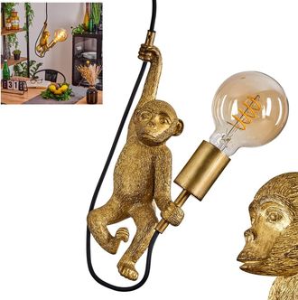 HOFSTEIN Hängeleuchte Suardi, Vintage Hängelampe aus Metall in Schwarz/Goldfarben, Retro Pendelleuchte mit Schirm in Form eines Affen (Höhe 31 cm), Höhe max. 1