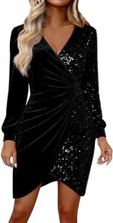 Generic Robe de f&ecirc;te pour femme en velours dor&eacute; avec paillettes - Manches longues - Tendance et sexy - Robe d&eacute;t&eacute; moulante, Noir, XXL