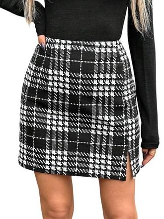 SOLY HUX Jupe courte &eacute;l&eacute;gante pour femme avec motif pied-de-poule r&eacute;tro - Mini jupe de loisirs - Tenue de bureau - Jupe de No&euml;l - Tenue de festival, Noir/blanc
