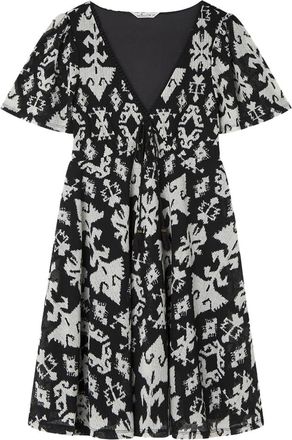 Springfield Damen VestidoMiniEstampadoIkatConBolitasDeEncajeEnElCuelloYElásticoDentroDeLaCostura Kleid kurz Print zweifarbig, Standardschwarz 001 C, S