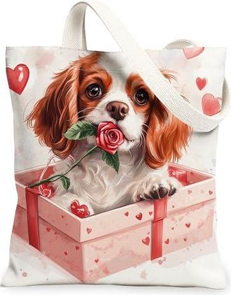 Generic Sac fourre-tout en toile Cavalier King Charles Spaniel pour le shopping 33 x 38 cm, cadeau amusant de Saint-Valentin, sac d&eacute;picerie r&eacute;utilisable pour 