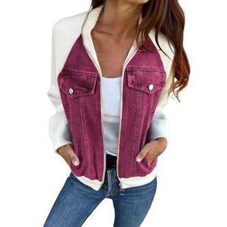 Generic Veste en jean femme, blouson bomber patchwork en jean, fermeture &eacute;clair, style streetwear d&eacute;contract&eacute; avec poches, collection 2025, violet et blanc, t