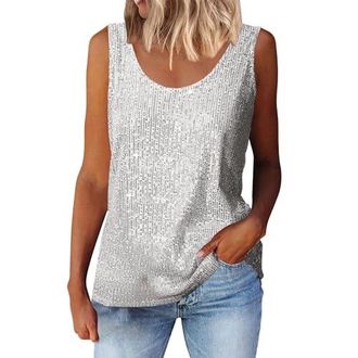 Generic Top femme paillet&eacute; femme avec paillettes, t-shirts l&eacute;gers sans manches t-shirts basiques col rond d&eacute;bardeur d&eacute;contract&eacute; gilet top vintage danse d&eacute;bard
