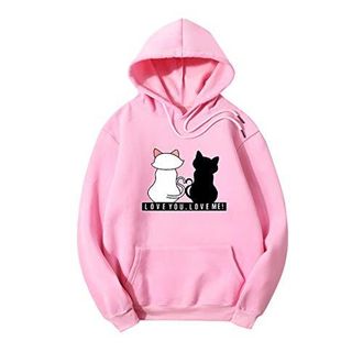 Generic Sweat &agrave; capuche &agrave; manches longues avec cordon de serrage et poche pour femme Motif chat, rose, 3XL