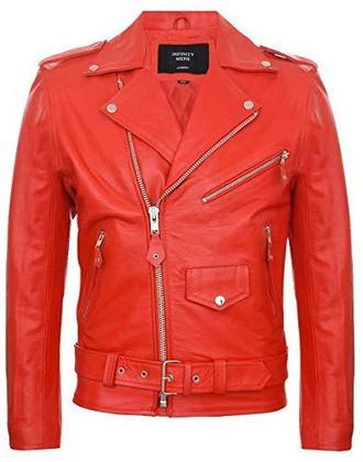 TruClothing Blouson pour Homme en Cuir v&eacute;ritable Style Biker Grease Fermeture Zip Diagonale Look Brando Classique - Rouge M