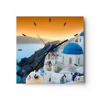 Arttor Modern Wanduhr Santorini Griechenland Urlaub Insel 30x30cm Quadrat Klein Wand Uhr Glas Analog Zimmeruhren K&uuml;che B&uuml;ro Wohnzimmer Glasuhr Wall Clock Dek