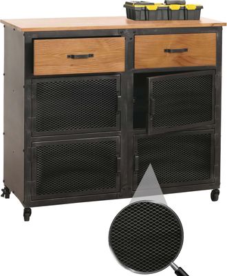 Mendler Werkstattwagen HWC-N28, Rollwagen, Rollen 2 Schubladen, 3D-Struktur Metall Holz 90x100x40cm - schwarz, Natur