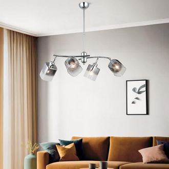 Opviq Elegant Chrome Chandelier, Metal Body, Adjustable Height 57-80 cm, Ø10 Glass Cap, 4 x E27 Socket, Modern Lighting for Home & Office Décor