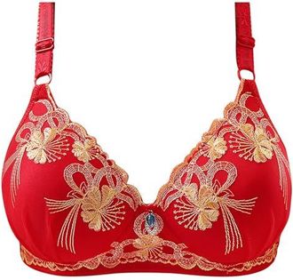 Generic 2026 Soutien-gorge pour femme brod&eacute; floral grande taille Push Up Side Nipple Ajusteur Sans Armature, Rouge, 66