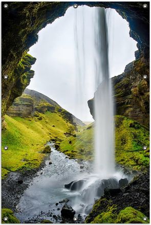 Wallario Outdoor-Poster f&uuml;r Garten oder Balkon Hinter dem Wasserfall, Motivbanner Gr&ouml;&szlig;e: ca. 100 x 150 cm, Outdoor-Bild