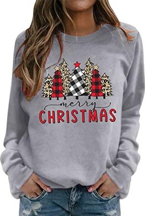 Generic Pull Noel Femme, Tunique pour Femmes imprimé de noël O Cou Sweat col Rond Coupe Pull Hauts décontracté à Manches Longues Chemises dentraînement Blouse