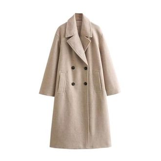 Generic Manteau doux surdimensionn&eacute; en laine m&eacute;lang&eacute;e for femme avec manches longues et poches passepoil&eacute;es(Khaki,XL)