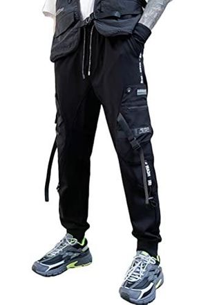 ORANDESIGNE Homme Pantalon Cargo Casual Style Punk Pantalon Surv&ecirc;temen Hip Hop Streetwear Tactique Multi-Poches Techwear O Noir XXL