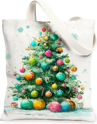 Generic Sacs fourre-tout artistiques en toile, motif arbre de No&euml;l color&eacute;, sacs de courses r&eacute;utilisables, l&eacute;gers, lavables et respectueux de lenvironnement, b