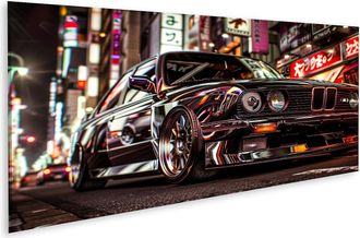 Islandburner Bild auf Leinwand Klassischer BMW in nächtlicher Stadt Japan für Wohnzimmer Autofans Autoshowroom Bilder Wandbilder Poster