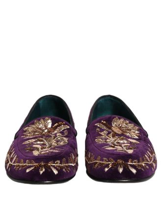 Dolce & Gabbana Mens Violet Velvet Floral Embroidery Loafers Shoes Leather