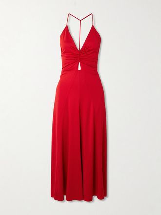 Victoria Beckham Midikleid Aus Glänzendem Jersey Mit Cut-out Und Raffungen - Rot