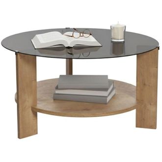 Dmora Couchtisch Canevino, Rundform, Glastischplatte, Eichenholzstruktur, 75x75x40h cm Eichenbraun