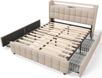 Concept Usine Concept Usine - 180 x 200 cm Cadre de lit beige avec rangement, sommier à lattes en bois, avec prises et ports usb, tête de lit éclairée par led