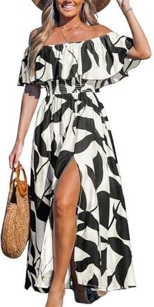 Cupshe Cupshe - Robe dété longue à volants et épaules dénudées, manches courtes, dos nu, corsage fendu, ourlet fendu, robe de plage, noir/blanc, Taille L