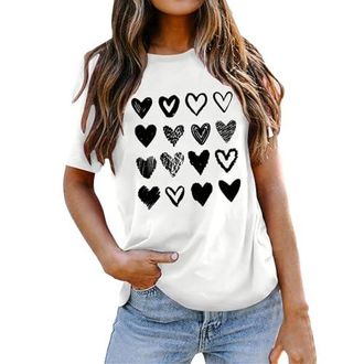 Generic T-shirt graphique &agrave; manches courtes pour femme avec motif coeur pour la Saint-Valentin 2026, blanc, XXL
