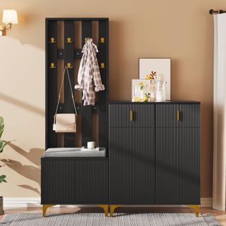 Generic Garderobenset mit Mirror & gepolsterter Sitzbank f&uuml;r Family mit goldene Haken Push-to-Open Wellent&uuml;ren Schuhschrank 2 Schubladen als Kompaktgarderobe 