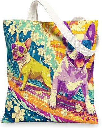 Generic Sacs fourre-tout en toile pour chien, motif animal coloré, sacs dépicerie réutilisables, sacs dépicerie amusants tropicaux, légers et lavables, coloré
