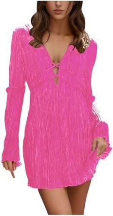 Generic 2026 Robe amincissante pour femme - Couleur unie - &Eacute;l&eacute;gante - Avec ceinture et manches - Coupe ajust&eacute;e - Midi, rose vif, XL