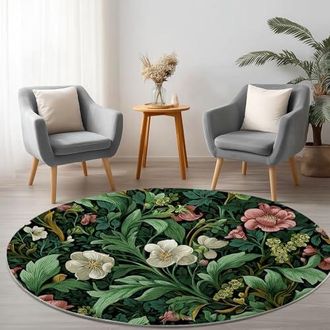 Generic Vert Olive Tapis Rond Fran&ccedil;ais - 160 cm Lavable Doux et antid&eacute;rapant Tapis, For&ecirc;t Fleurs Feuilles Vertes Impression pour Chambre &agrave; Coucher Salon Vesti