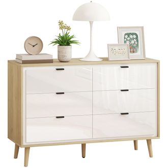 HOMCOM Kommode mit 6 Schubladen, Hochglanzaufbewahrungsmöbel mit 5 Holzbeinen, moderner Stil, Kommode für Schlafzimmer, Wohnzimmer, Flur, 110 x 40 x 75 cm, W