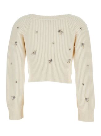 SIMKHAI Womens White Cropped Rhinestoned Cardigan With V Neck Wool Tops Top