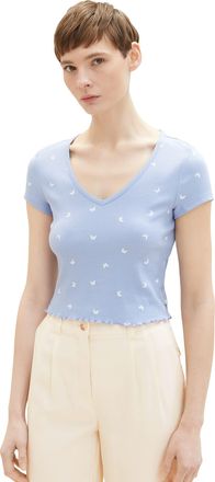 Tom Tailor Damen 1036538 T-Shirt mit Rippstruktur & Muster, 31708-Mid Blue Butterfly Print, S