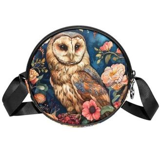 Generic Sac &agrave; bandouli&egrave;re rond pour femme, motif hibou, fleur, sac &agrave; dos avec fermeture &eacute;clair, bretelles r&eacute;glables, sac &agrave; main rond d&eacute;contract&eacute; pour femmes e