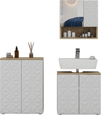 Vicco Badmöbel-Set Weiß Edge, bestehend aus Bad Spiegelschrank, Waschbeckenunterschrank, Midischrank - Unterschrank- und Hängeschrank-Kombination