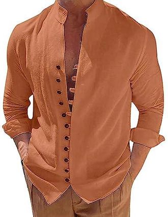 Generic Chemise habill&eacute;e d&eacute;contract&eacute;e &agrave; manches longues pour homme, plage, vacances, col montant, chemise athl&eacute;tique, sport, v&ecirc;tements de travail, Orange, M
