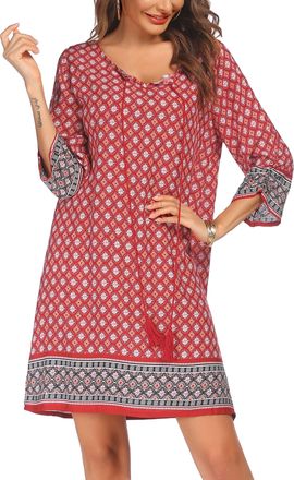 Beyove Damen Bohemian Tunika Kleid Sommer Strandkleid Tunikakleider Vintage Strandtunika 3/4-Arm Rundhals Kleid Blumenmuster Kurzes Sommerkleider Tops Muster