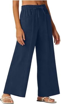 Generic Pantalon court d&eacute;contract&eacute; &agrave; jambe large pour femme - Taille haute - &Eacute;lastique - Cordon de serrage - Avec poches - Coupe ample - Confortable - Pour l&eacute;